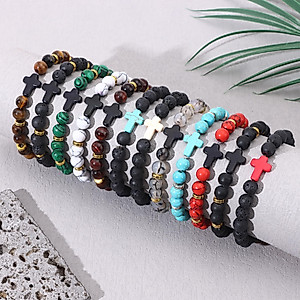 MOZAKA 12Pcs 8MM Cross Beads Bracelet for Men Women Lava Rock Tiger Eye Stone Howlite Stone Stretch Elastic Bracelet Set