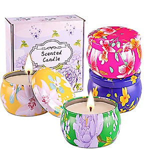 Scented Candles Set for Women, 4 Pack 4.4 Oz Natural Soy Wax with Essential Oil, Portable Travel Scented Candles, Long Lasting Aromatherapy Candle for Stress Relief, Bath, Holiday, Christmas。