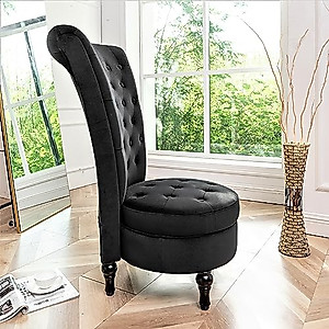 Container Furniture Direct Royal High-Back Velvet Accent Chair for Vanity with Storage and Luxurious Upholstery, Retro Design and Versatile Usage for Living Room, Bedroom, Lounge and Office, Black