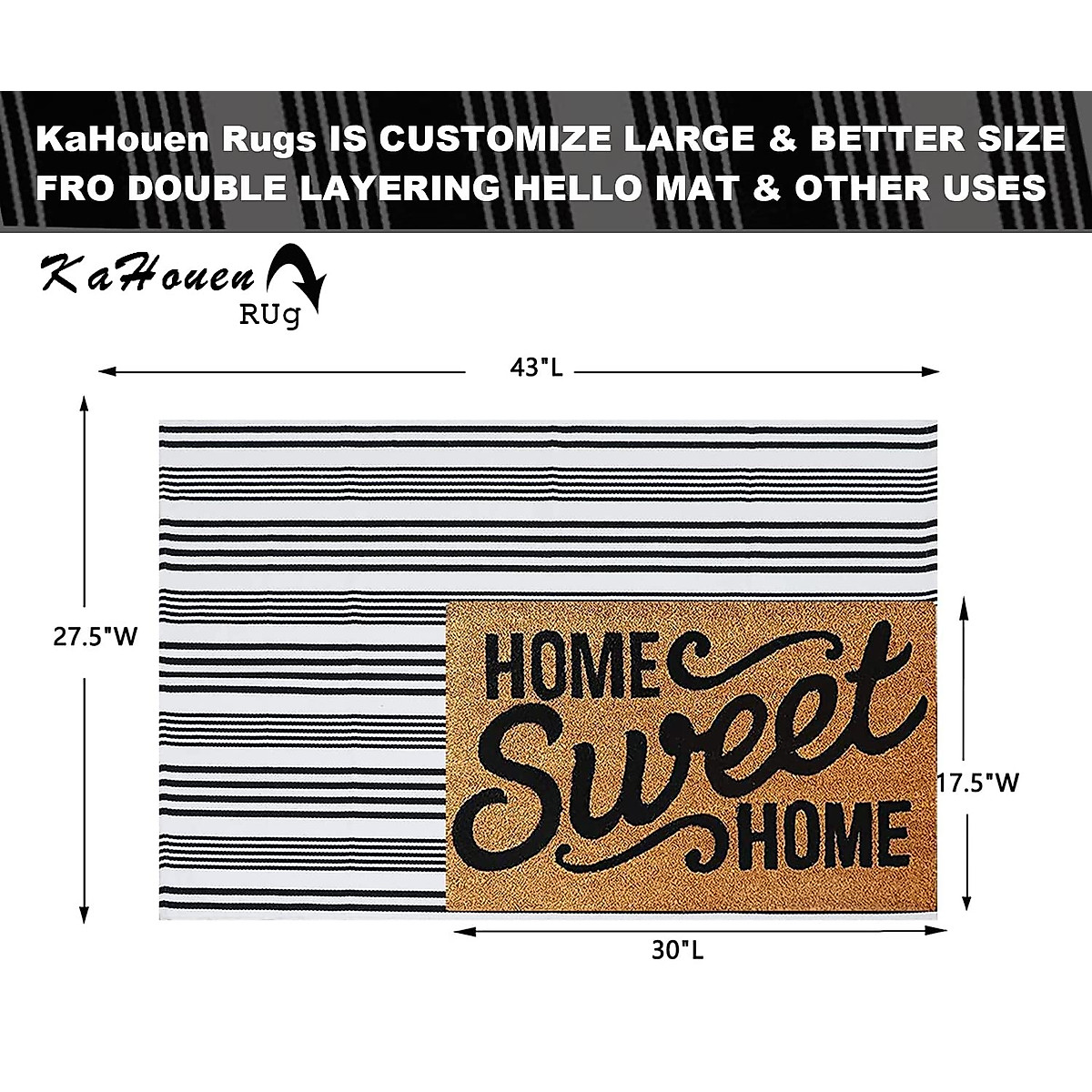 KaHouen Black and White Striped Outdoor Rug 27.5"x43", Front Porch Rug, Hand Woven Cotton Washable Striped Layered Doormats for Layered Door Mats Porch/Kitchen/Laundry Room/Farmhouse/Entryway