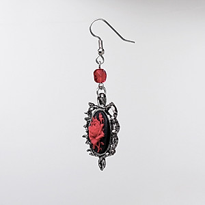 Gothic Red Rose Cameo Earrings Surrounded by Thorns with Red Bead
