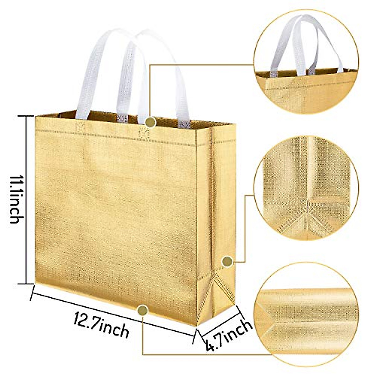 Whaline Set of 12 Reusable Gold Gift Bags Glossy Glitter Tote Bag with Handles Large Size Stylish Party Holidays Favor Bags for Wedding Birthday Party Valentines Mother's Day Christmas