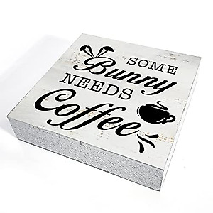Some Bunny Needs Coffee Wood Box Sign Home Decor Rustic Easter Bunny Wooden Box Sign Block Plaque for Wall Tabletop Desk Home Kitchen Decoration