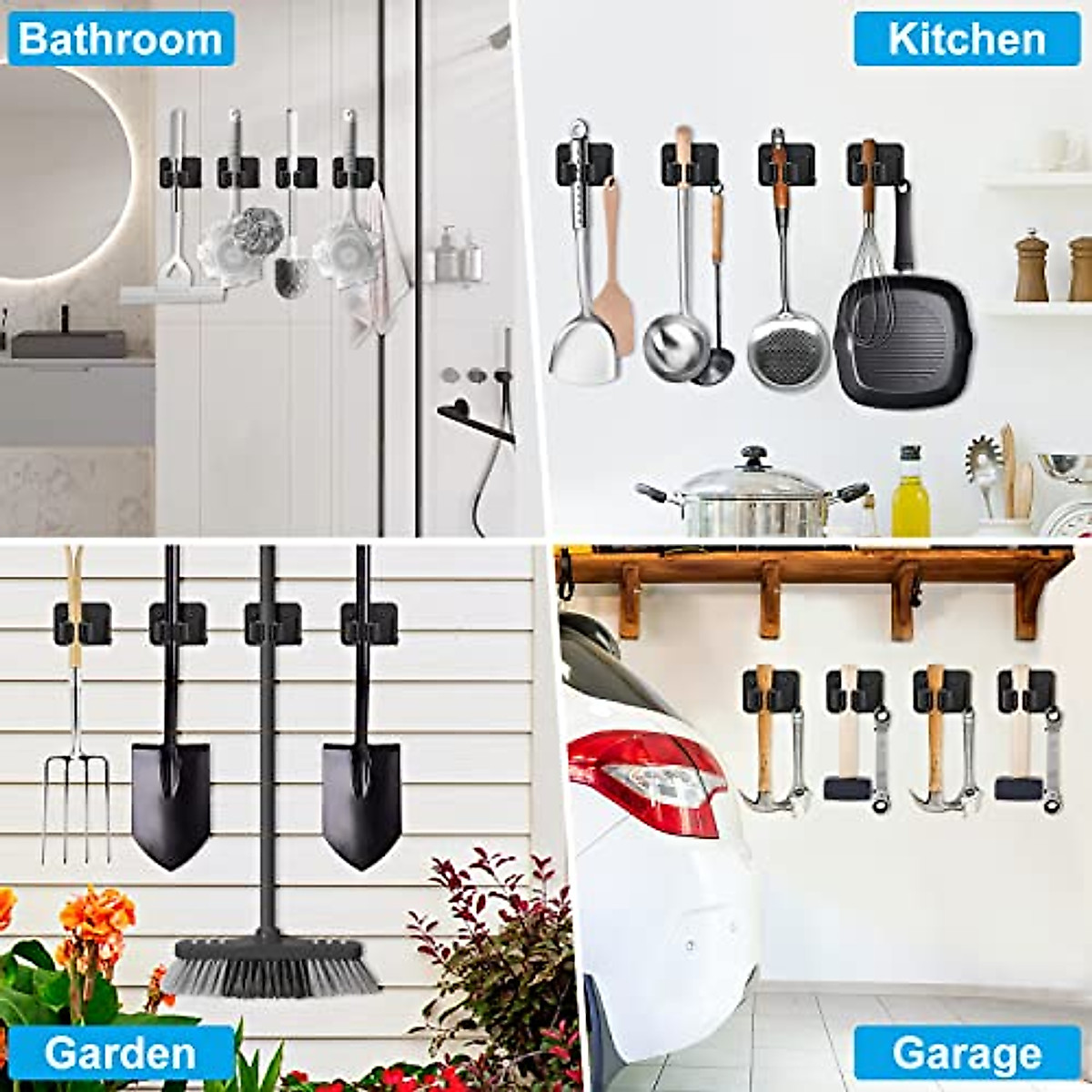 Broom Holder Wall Mount, Screw Drilling & No Drill Sturdy Heavy Duty Stainless Steel Wall Mounted, Broom Organizer Wall Mount with Hooks Hanger, Wall Holder for Bathroom, Garage, Kitchen, Garden