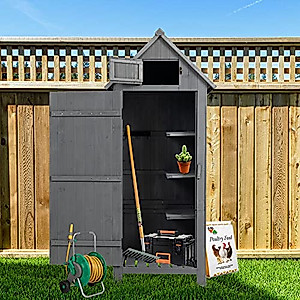 RITSU Outdoor Storage Cabinet Tool Wooden Shed for Storing Mower Hose, Backyard Garden Shed for Tools, Spacious Space Waterproof Roof Bin Outside Furniture, 31" x 21" x 71" H, Gray
