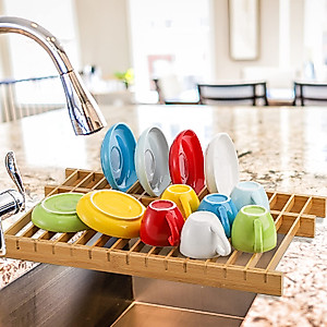 Lawei 2 Pack Over The Sink Dish Drying Rack, Bamboo Dish Rack Plate Stand Pot Lid Holder Kitchen Cabinet Organizer for Bowl, Cup, Cutting Board and More