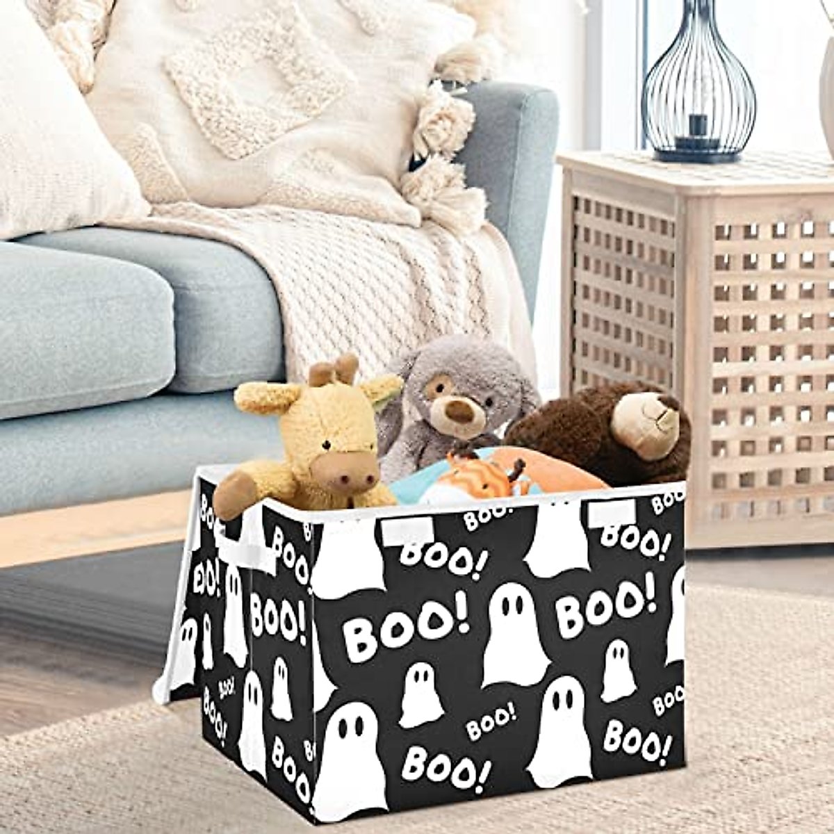 CaTaKu Halloween Ghosts Black Storage Bins with Lids and Handles, Fabric Large Storage Container Cube Basket with Lid Decorative Storage Boxes for Organizing Clothes