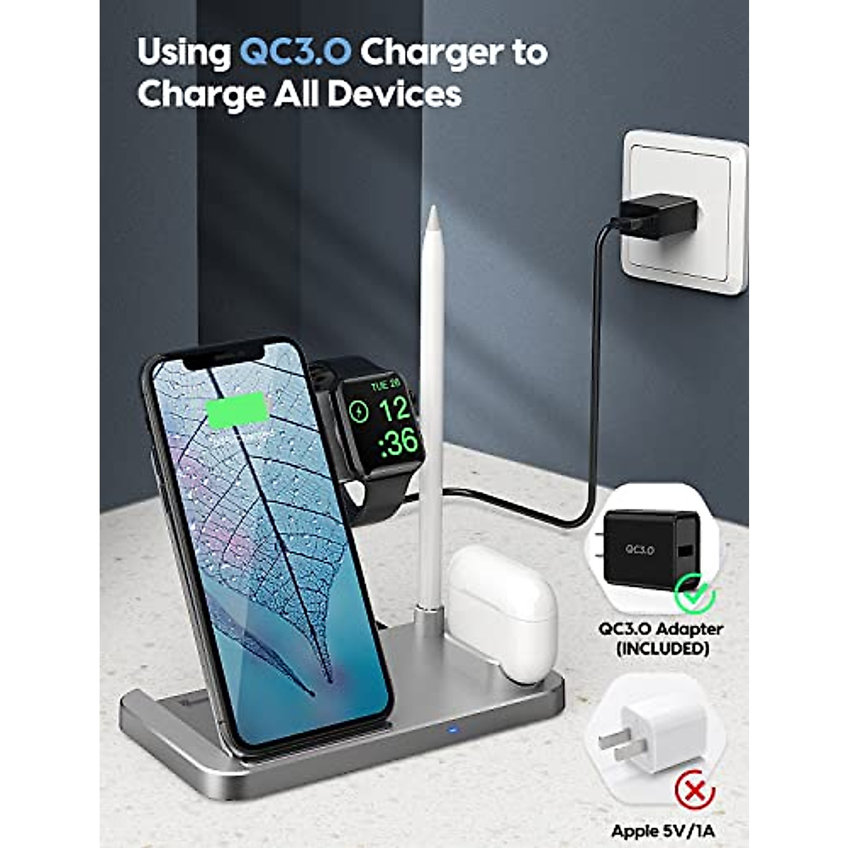 4 in 1 Wireless Charging Station,2021 Upgraded Fast Charging Dock Stand for iWatch Series 7/6/SE/5/4/3/2, AirPods & Pencil, Compatible with iPhone13/12Pro/11/XS/XR/8/Samsung