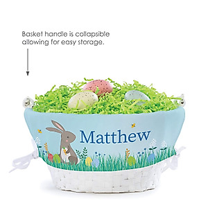 Personalized Meadow Easter Egg Basket with Handle and Custom Name | Boy Bunny Easter Basket Liners | White Basket | Woven Easter Baskets for Kids | Customized Easter Basket | Gift for Easter