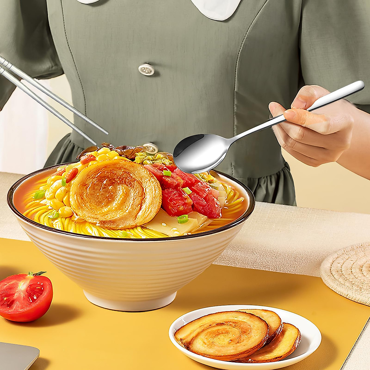 Tiokin Spoon and Chopsticks Set, 4 Pair Stainless Steel Metal Chopsticks Spoon Set,4 Set Korean Chopsticks and Spoons, Reusable Flat Long handle Chopstick Spoon Set for Home, Kitchen or Restaurant