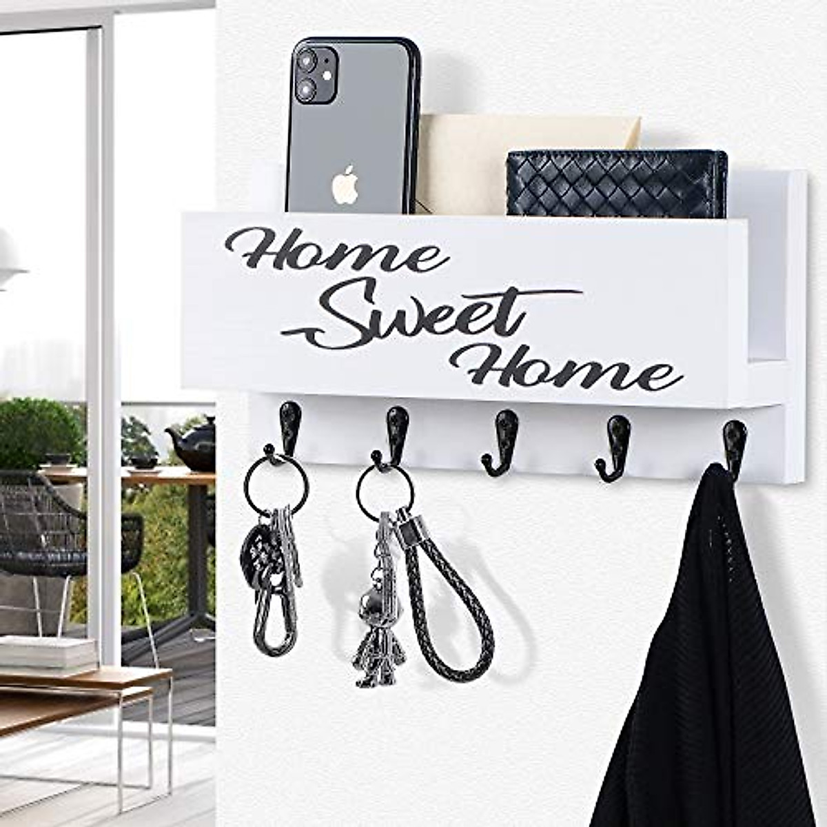 Wooden Key and Mail Holder for Wall Decorative, Rustic Wall Mounted Entryway Organizer with 5 Hooks - Perfect Home Hanging Decor for Office, 100% Pine Wood, 11.8" x 5.9" (White, HomeSweetHome)