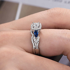 SHELOVES Princess Pear Blue Sapphire Sterling Silver Engagement Ring Wedding Ring Set for Women 6