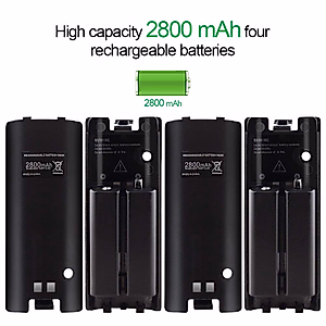 Wii Remote Controller Charger, 4 in 1 Wii Charging Dock Station with 4PCS 2800mAh Rechargeable Batteries for Wii/Wii U Controller-Black