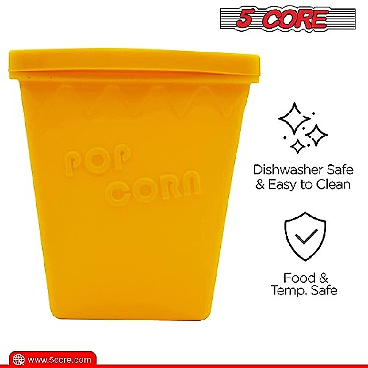 5 Core The Original Microwave Popcorn Popper, Silicone Popcorn Maker W/Lid, Reusable Jumbo Microwavable Bowl Pair - Hot Air Popper - No Oil Required - BPA-Free & Dishwasher Safe (Yellow) 2 Pack