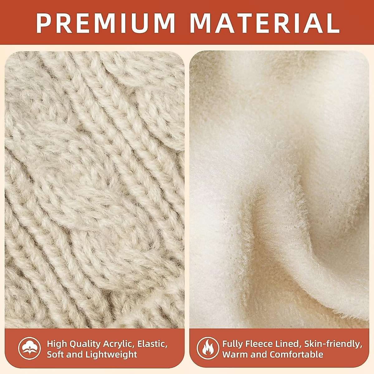 Beanies Women with Double Pom Pom, Winter Hats for Women Cold Weather Warm Cable Knit Fleece Lined, Cute Beanie Cap for Daily Use(Oatmeal)