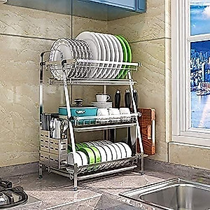 Plate Rack Dish Drainer Rack Kitchen Supplies Storage Draining with Chopsticks/Knives/Cutting Board Holder Drainboard Pan Plate Holder (Color : Silver, Size : 3-Tier)