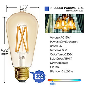 VATION LIGHTING 6 Pack ST19 𝐀𝐦𝐛𝐞𝐫 𝐆𝐥𝐨𝐰 𝐕𝐢𝐧𝐭𝐚𝐠𝐞 𝐄𝐝𝐢𝐬𝐨𝐧 𝐋𝐢𝐠𝐡𝐭 𝐁𝐮𝐥𝐛 LED Filament Bulb 5W with Amber Glass, 90+ High CRI, Dimmable 2200K, E26 Medium Base, UL Listed
