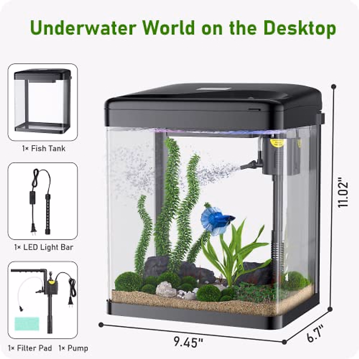 PONDON Betta Fish Tank, 2 Gallon Glass Aquarium, 3 in 1 Fish Tank with Filter and Light, Desktop Small Fish Tank for Betta Fish, Shrimp, Goldfish (Black)