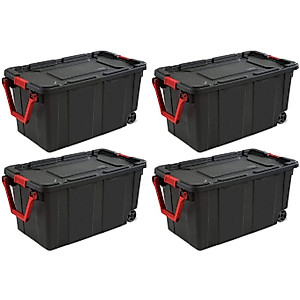 Sterilite 14699002 40 Gallon/151 Liter Wheeled Industrial Tote, Black Lid & Base w/Racer Red Handle & Latches, 4 Pack(40 Gallon)