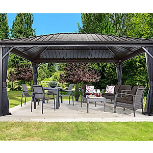Sojag 12' x 16' Genova II Hardtop Gazebo Outdoor Weather-Resistant Aluminum Frame Shelter with Mosquito Net Black,Brown