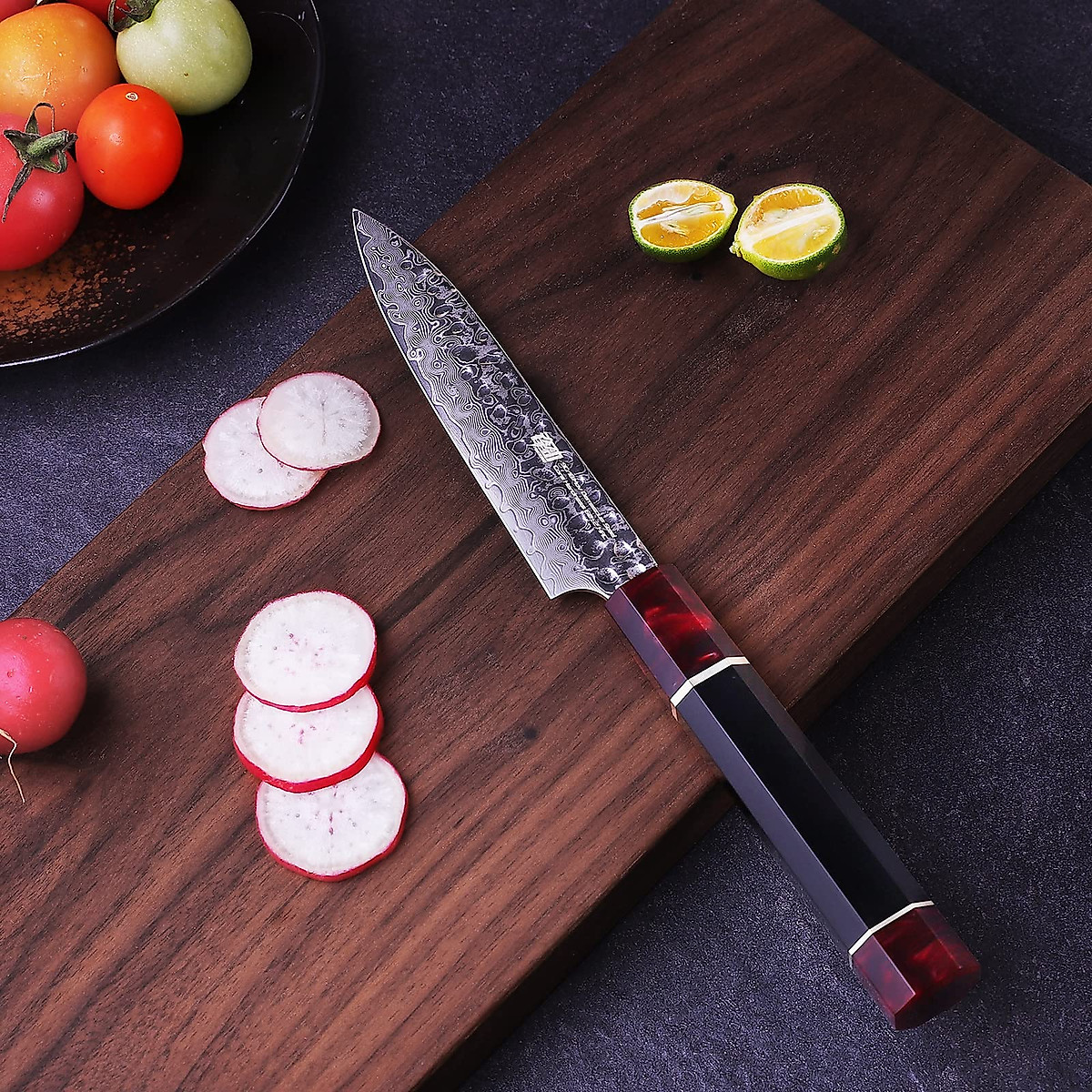 FINDKING 5 Inch Kitchen Utility Knife with ABS sheath, Multi-Purpose Japanese Paring Knife, Damascus Steel Blade, Resin Octagonal Handle, Small, for Fruits Vegetables (Eternity Series)