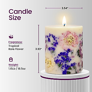 Vionami Gifts for Women Scented Pillar Candle - Long Burning Natural Soy Wax Scented Candle for Home - Gift-Boxed Hand Poured Luxury Candle with Dried Flowers & Tropical Rare Flower Scent (Forget Me)