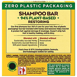 Garnier Whole Blends Honey Treasures Restoring Shampoo Bar for Dry, Damaged Hair, Zero Plastic Packaging, Free of Preservatives, Silicones, Soap, & Dyes, with Sustainably Sourced Honey & Beeswax, 2 Oz