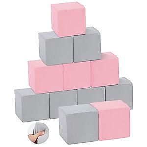 TRENDBOX 12 Pcs Toddler Foam Blocks, 5.5inch Soft Foam Cubes Blocks with Detachable Washable Cover, Soft Play Blocks for Toddlers and Kid （Light Gray & Pink）