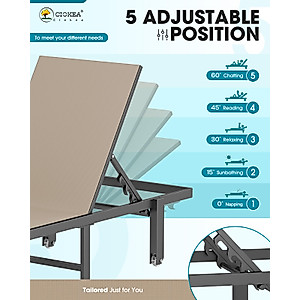 Aluminum Chaise Lounge Chair Outdoor with Wheels, Patio Lounge Chair with Adjustable 5-Position Recliner and Full Flat Tanning Chair for Patio, Beach, Pool, Khaki