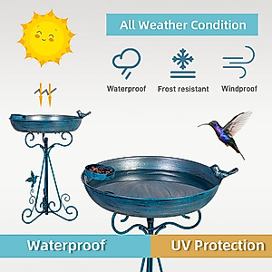 DREAMSOUL 12 inch Bird Bath with Stand, Blue Bird Baths for Outdoors, Metal Birdbath with Folding Bracket for Patio Lawn Garden Decor