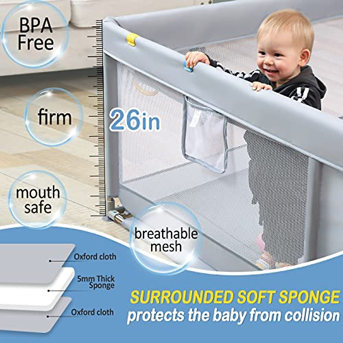 Baby Playpen Palopalo 71''x59'' Playard for Babies and Toddlers Extra Large Play Pen Baby Activity Center Mesh Baby Fence Infants Sturdy Safety Area All Wrapped Cushion & Anti-Slip Base, Gray