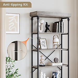 IDEALHOUSE Industrial Bookshelf Wood Bookcase 6 Tier Storage Open Rack Shelf with Metal Frame Rustic Tall Standing Bookshelves Large Grey Display Rack for Bedroom,Living Room and Home Office