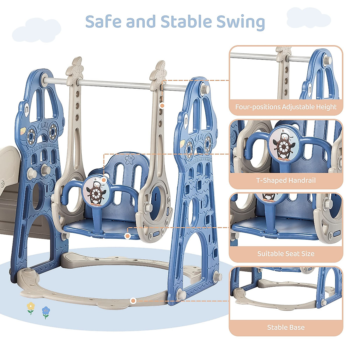 4 in 1 Toddler Slide and Swing Set, Kid Slide for Toddlers Age 1-2, Baby Slide with Basketball Hoop, Indoor Outdoor Slide Toddler Playset Toddler Playground– Blue