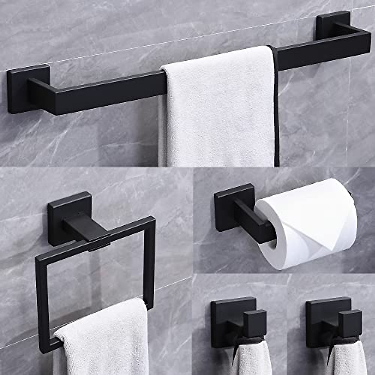 Ntipox 5 Piece Stainless Steel Matte Black Bathroom Hardware Accessories Set Include 23.6 Inch Towel Bar Set Matte Black, Towel Rack Set Bathroom Accessories Set Black
