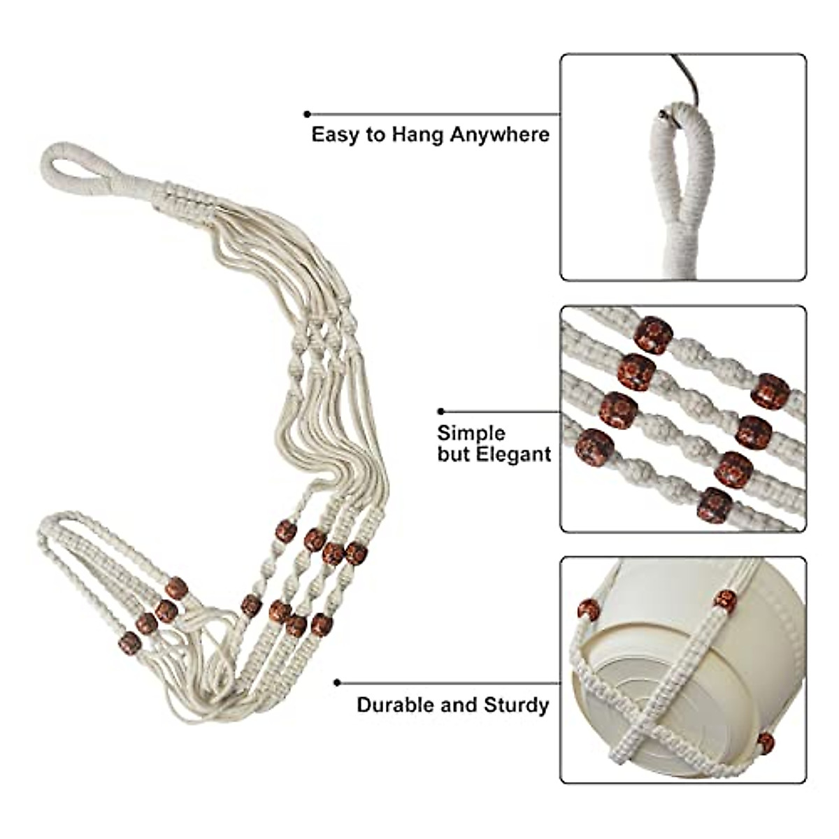 Checrxy Macrame Plant Hanger with Pot, 3 Set Hanging Planters for Indoor Plants, Handmade Cotton Rope Boho Home Decor, Idea Gift for Anyone, Includes Plant Holders, Pots, Plates and Hooks (Ivory)