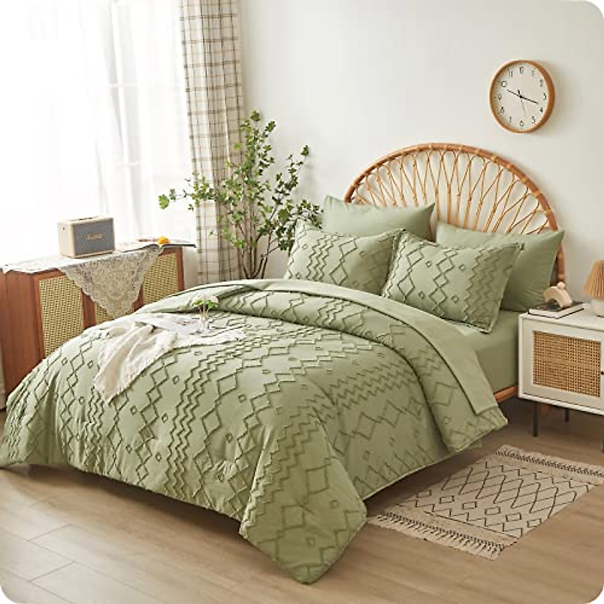 FLYMME Green Tufted Bed in A Bag Twin Size Comforter Set with Sheets, Soft Lightweight Geometric Embroidery Bedding Set 7PC, Boho Shabby Chic Farmhouse Collection All Season (Sage Green, 68''x 86'')