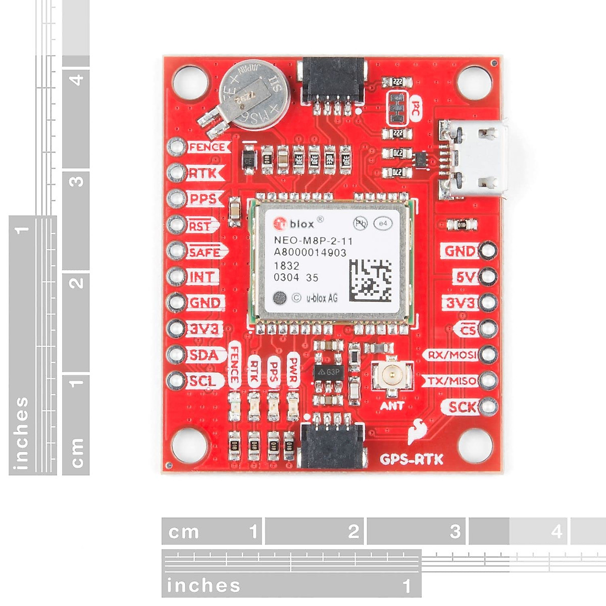 SparkFun GPS-RTK Board - NEO-M8P-2 (Qwiic) High-Accuracy breakout No Soldering Required Breadboardable Contains a Rechargeable backup battery allowing a Warm-start decreasing time-to-first-fix