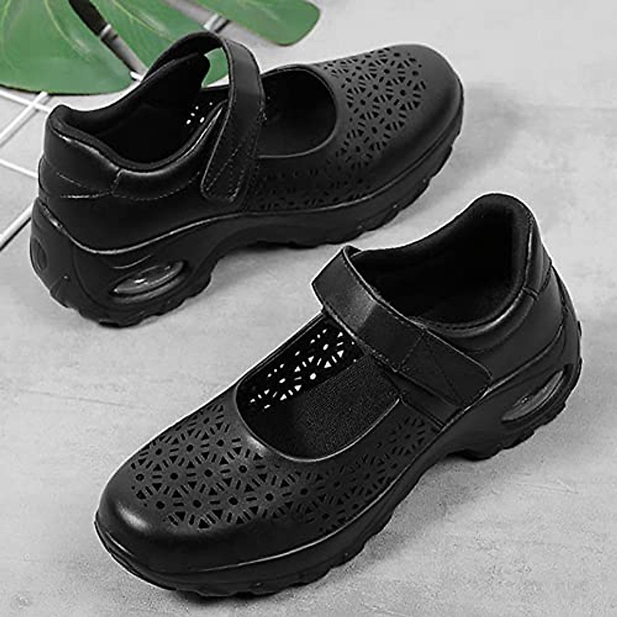Odema Women's Mary Janes Shoes Breathable Working Nurse Shoes Wedge Walking Shoes Black