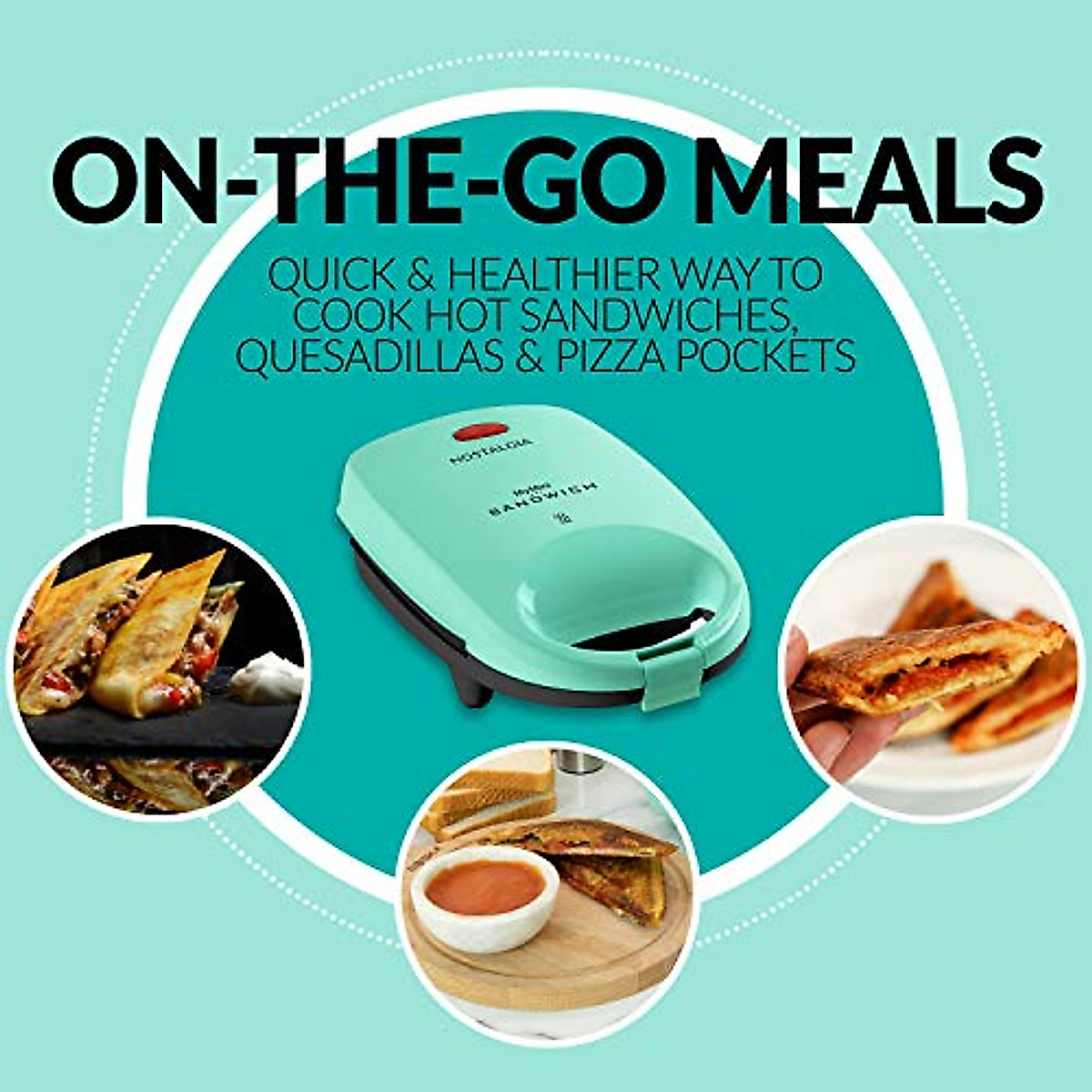 Nostalgia MyMini Personal Sandwich Maker, Nonstick Panini Press, Pizza Pockets, Quesadillas, Mint Green