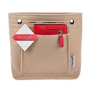 Vercord Mini Slim Small Felt Purse Organizer Insert Inside Handbag Tote Pocketbook for Women Beige