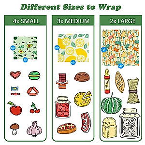 Beeswax Reusable Food Wraps 9 Packs - Beeswax Wraps for Food, Beeswax Wrap Sustainable Wax Paper for Sanwich Bread Cheese Fruits Snacks, Zero Waste(S/M/L)