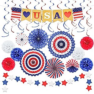 26 Pieces 4th/Fourth of July Decorations Set - Red White Blue American Flag Hanging Honeycomb Paper Fans, Pom Poms, Swirls, USA Banner, Star Garland Patriotic Independence Day Outdoor Party Supplies