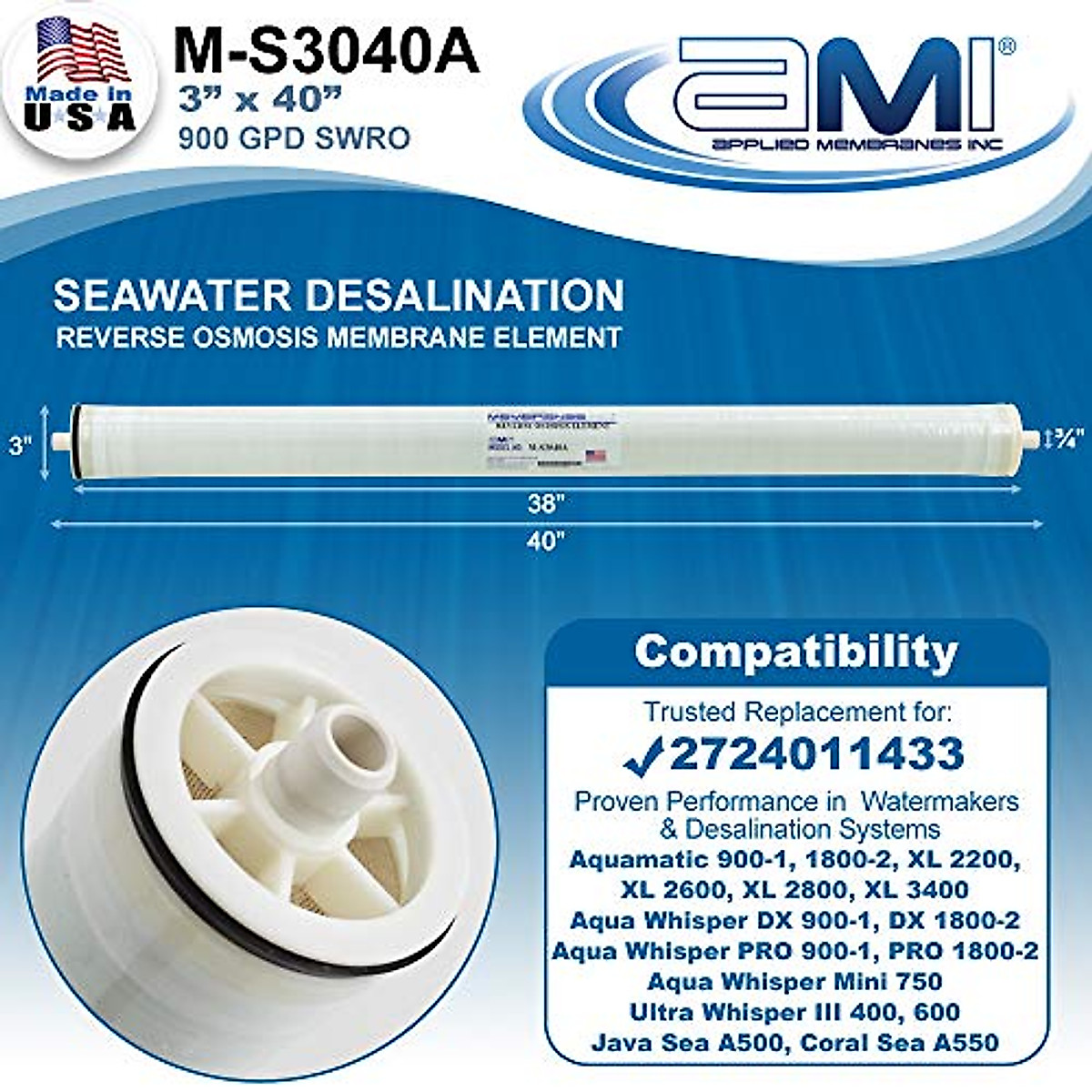 APPLIED MEMBRANES INC. 3" x 40" Seawater Desalination Reverse Osmosis Membrane | for Sea Recovery Watermaker Systems | M-S3040A Replaces 2724011433