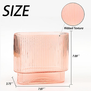 YANWE1 Ribbed Glass Vase, Pink Glass Vase, Flower Vase, Fluted Glass Vase, Ribbed Flower Vase, Clear Vase, Modern Vase for Living Room, Dining Room, Bathroom, Desk, Shelf, Wedding, Office, 7.1 Inches