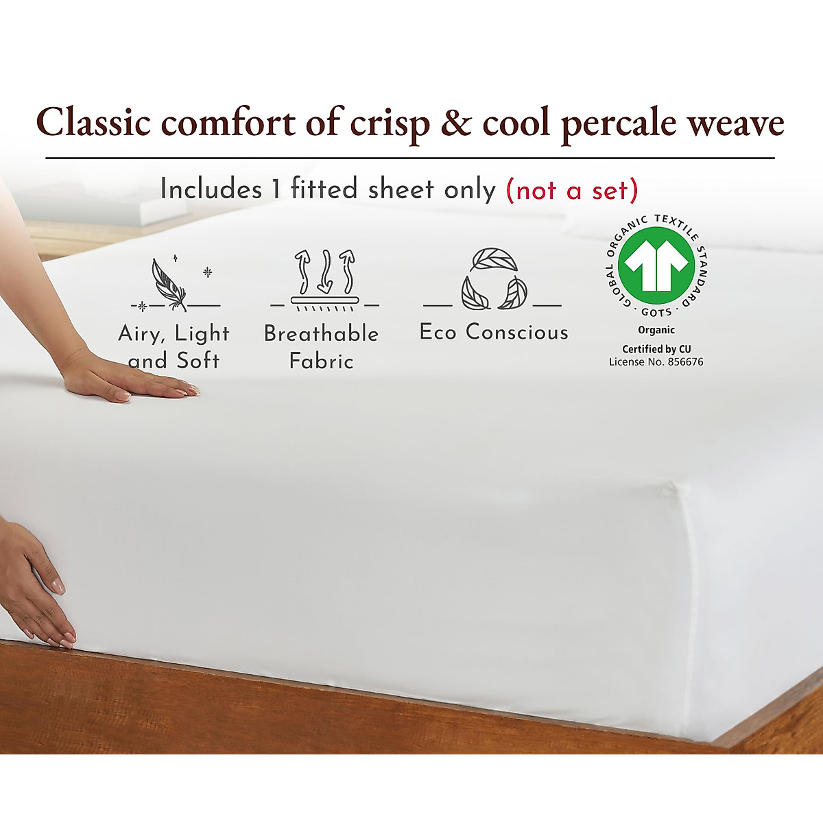 California Design Den 100% Organic Cotton Fitted Sheet Full Size Only - Percale Full Size Fitted Sheet with Deep Pockets, GOTS Certified, Crisp, Lightweight, Snug-Fit - White