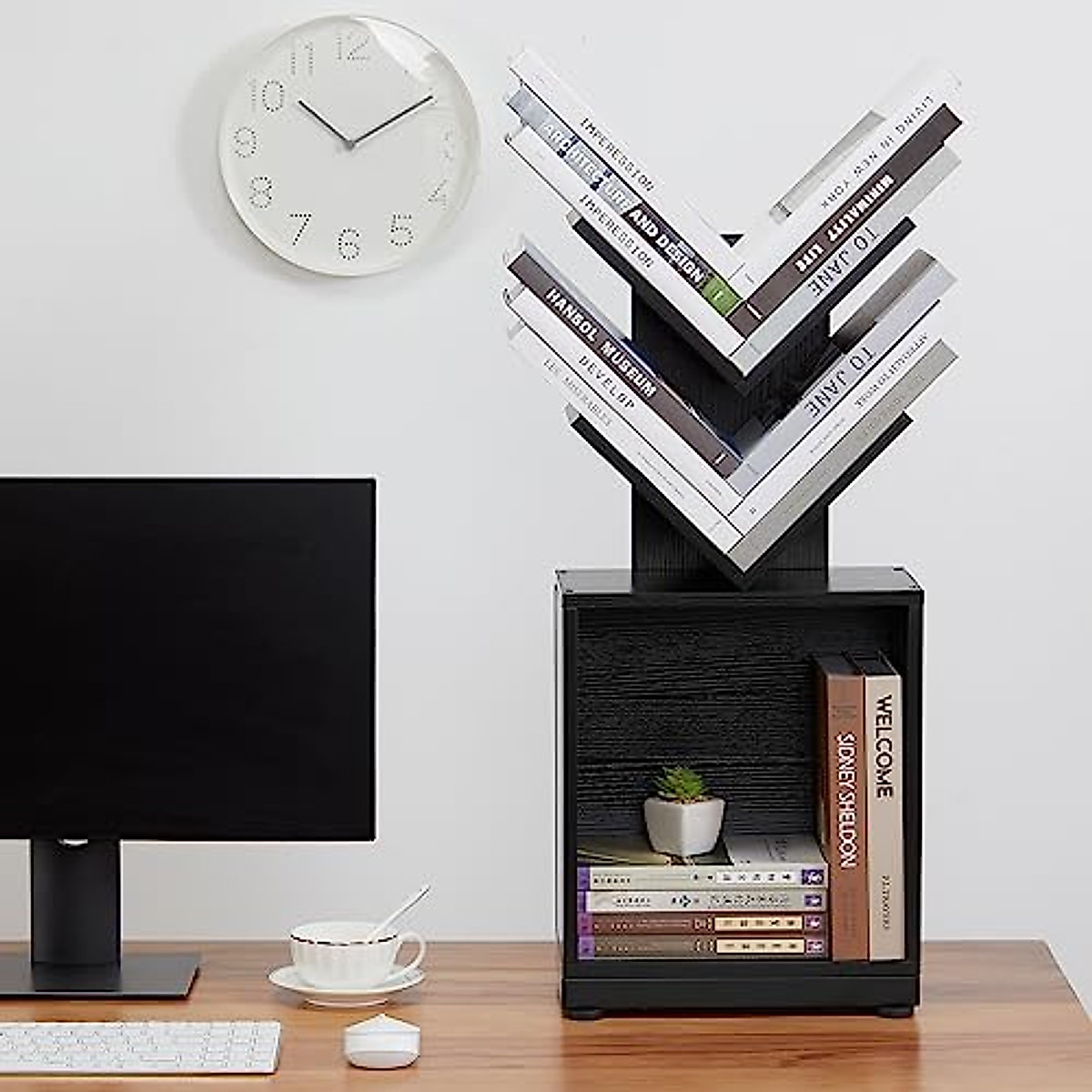 ruboka 2-Shelf Tree Bookshelf with Storage, 26.5-Inch Retro Floor Standing Bookcase Display for CDs/Magazine/Books, Small Bookshelf for Bedroom, Living Room, Office, Black Storage Shelves DESK52B