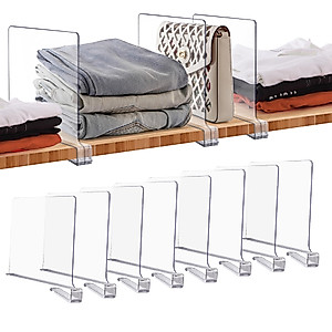 JOY DECOR 8 Pack Acrylic Clear Shelf Dividers for Closets Organizer and Storage Adjustable Vertical Wood Shelf Closet Separators for Clothes,Book,Bags in Bedroom and Kitchen