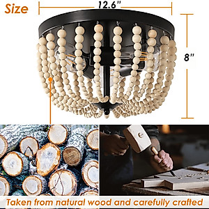 3-Light Boho Wood Bead Chandelier Ceiling Flush Mount Light Fixture,Solid Oak Natural Wood Color Chandelier for Hallway Small Room Baby's Nursery Bedroom Laundry Room Cloakroom