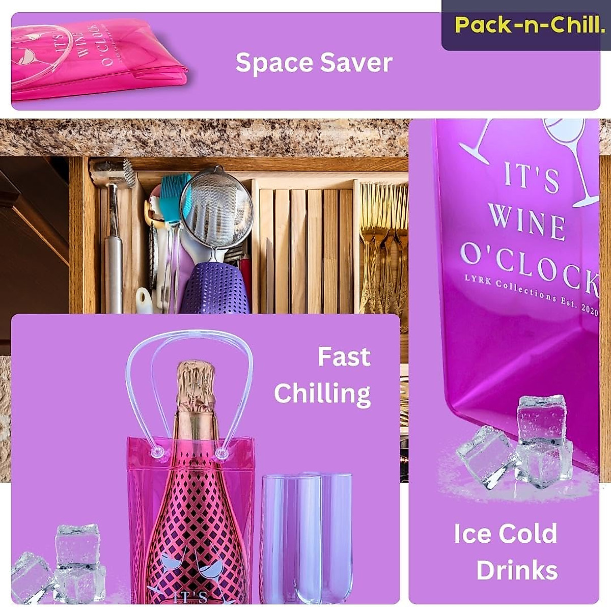 Wine Chiller (Pink), Portable Ice Wine Bag with Handles, Collapsible, Cools Wine Champagne Beers Ice Drinks in Minutes Anywhere You Go, Wine Gift Bag