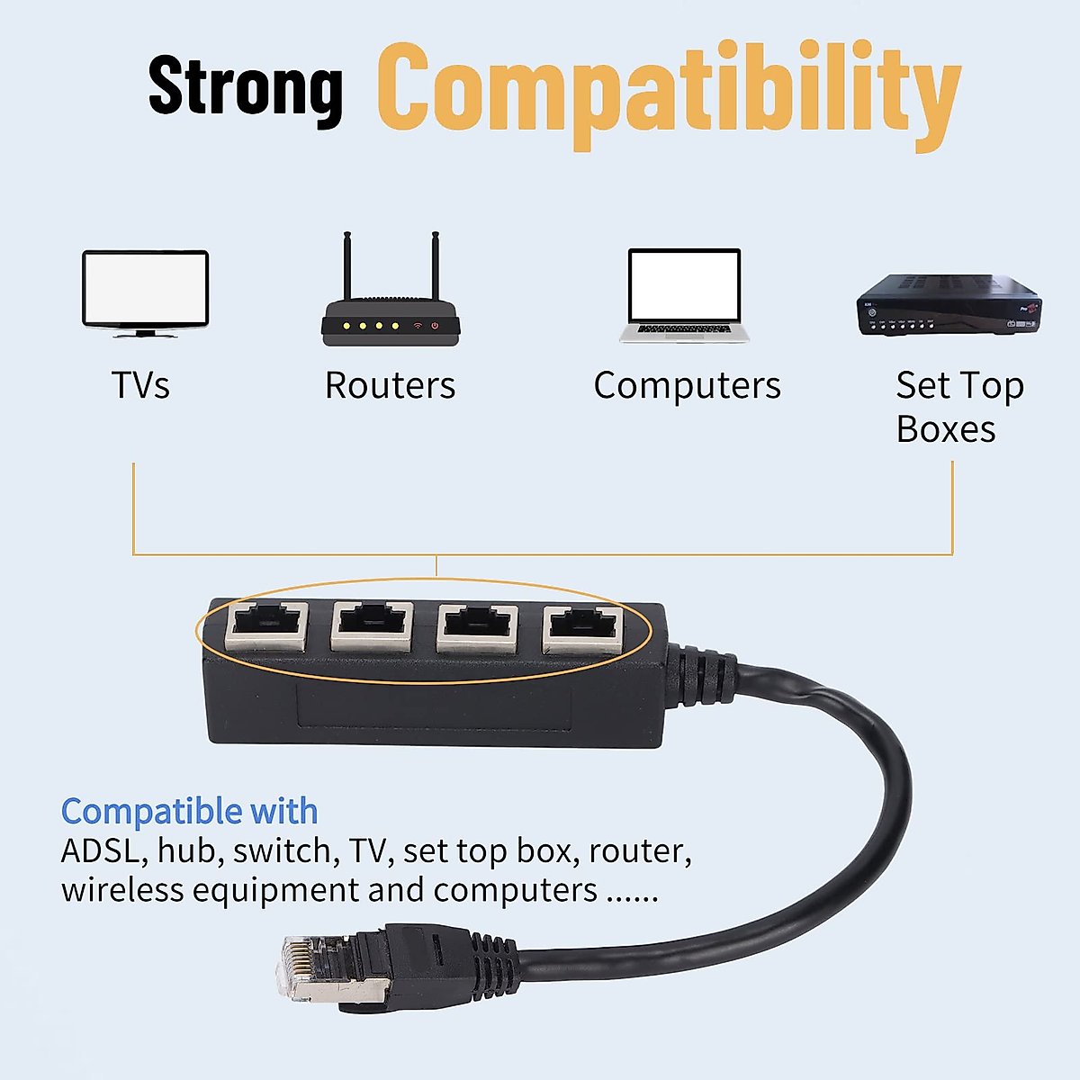 Zhiyavex RJ45 Splitter Adapter,1 to 4 Port Smooth Transmission Excellent Connection Network Cable Adapter,PCB Board Ethernet Adapter for All Networks, Homes and Offices, Broadband Connections, black